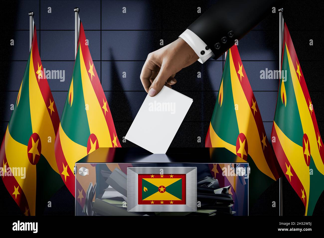Grenada flags, hand dropping ballot card into a box - voting, election ...