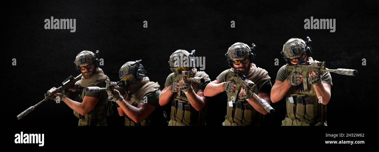 Group of mercenary soldiers during a special operation over dark ...
