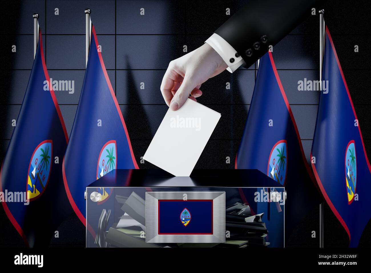 Guam flags, hand dropping ballot card into a box - voting, election ...