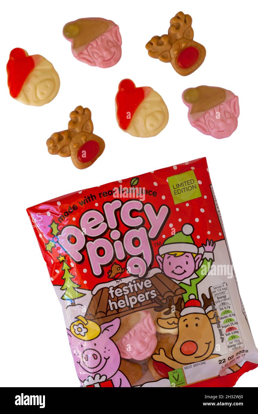 Bag of M&S Percy Pig Festive Helpers sweets made with real fruit juice opened with contents ...