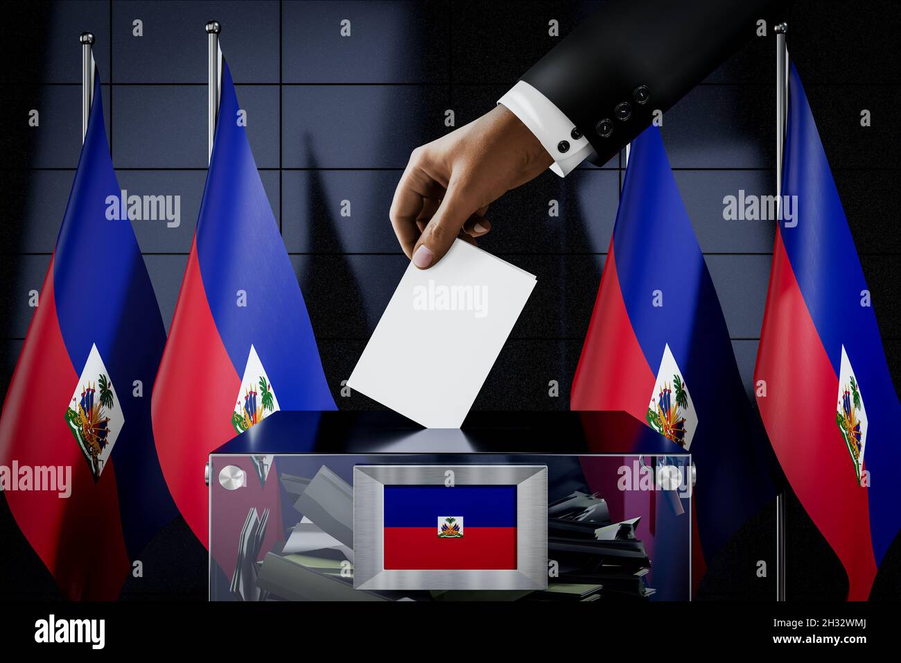 Haiti flags, hand dropping ballot card into a box - voting, election ...