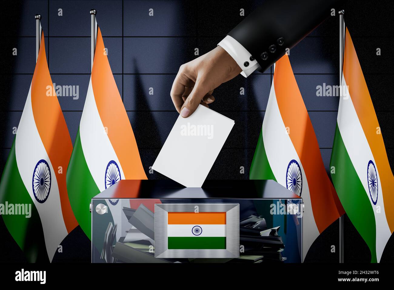 India flags, hand dropping ballot card into a box - voting, election ...