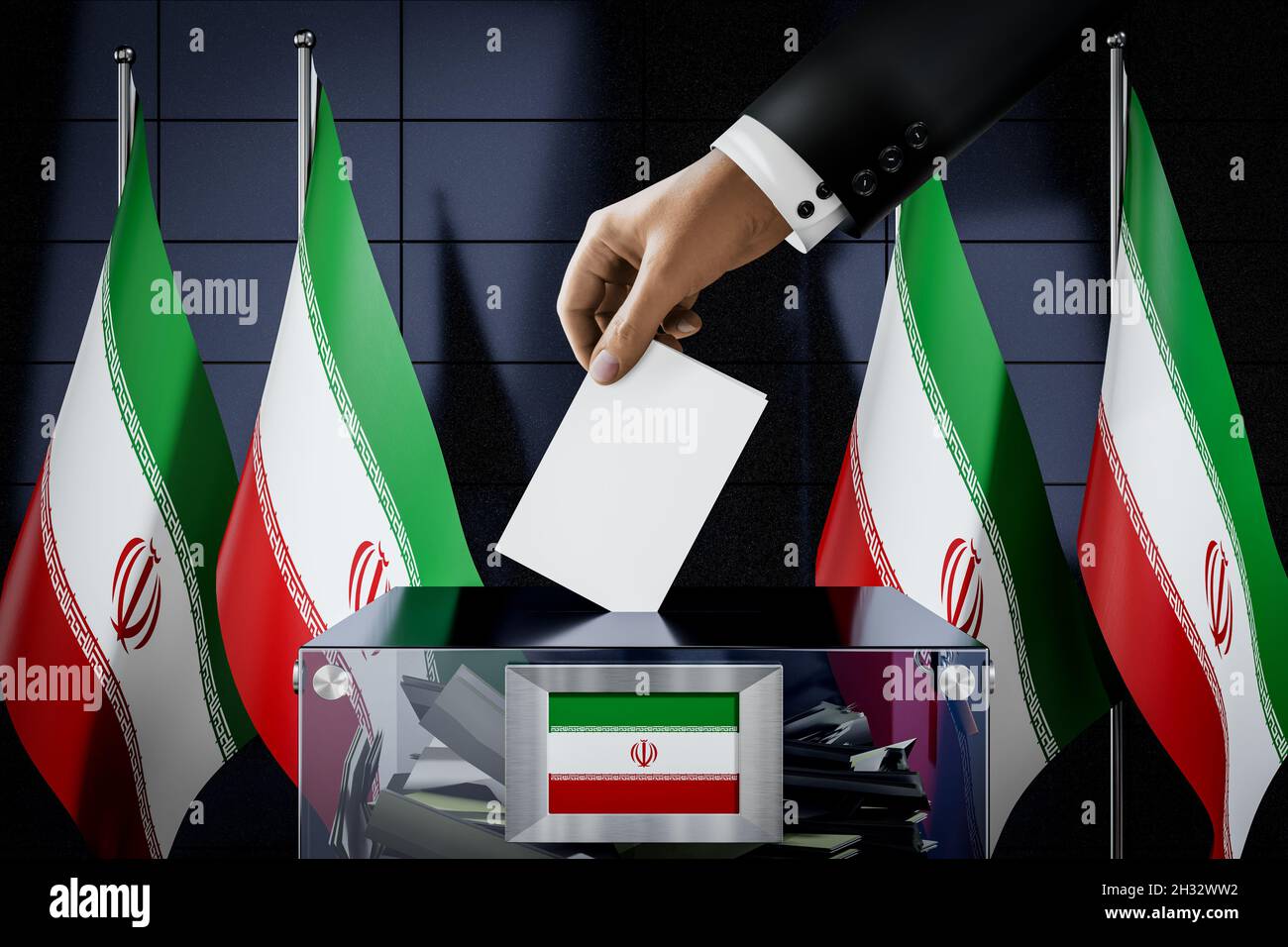Iran flags, hand dropping ballot card into a box - voting, election ...