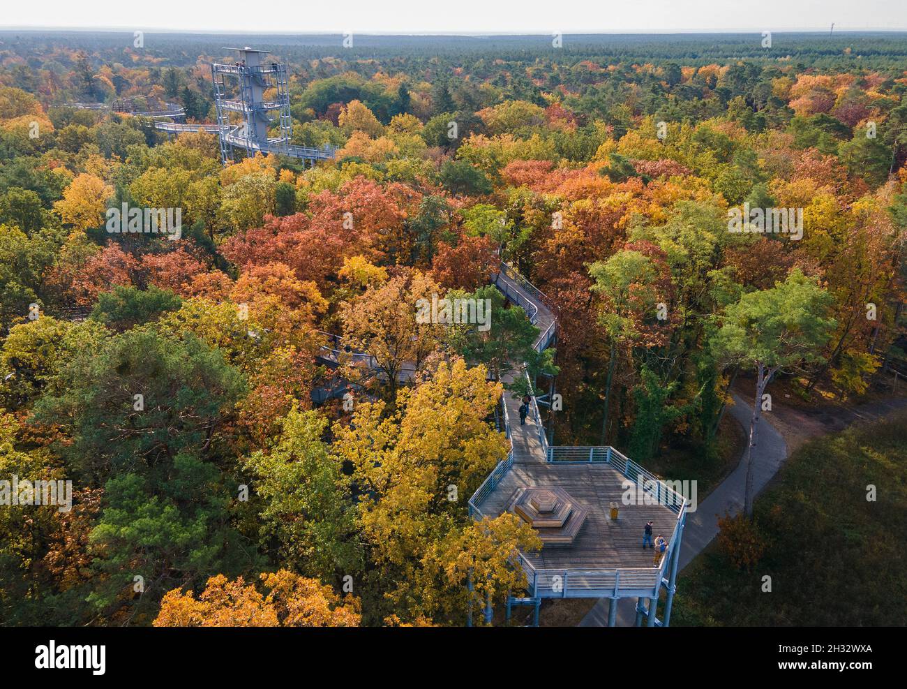 Beelitz, Germany. 25th Oct, 2021. Visitors stand on a viewing platform ...