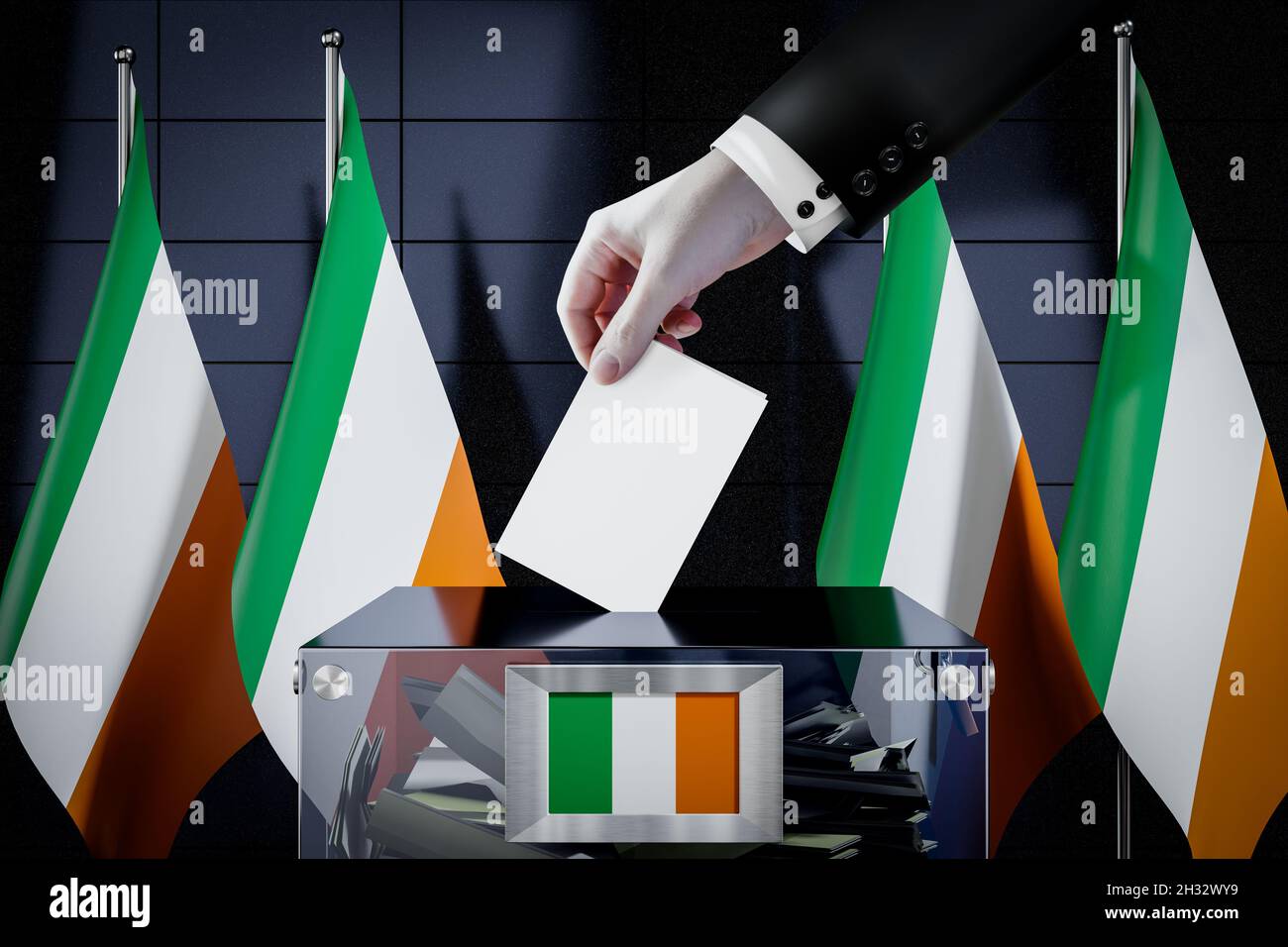 Ireland flags, hand dropping ballot card into a box - voting, election ...