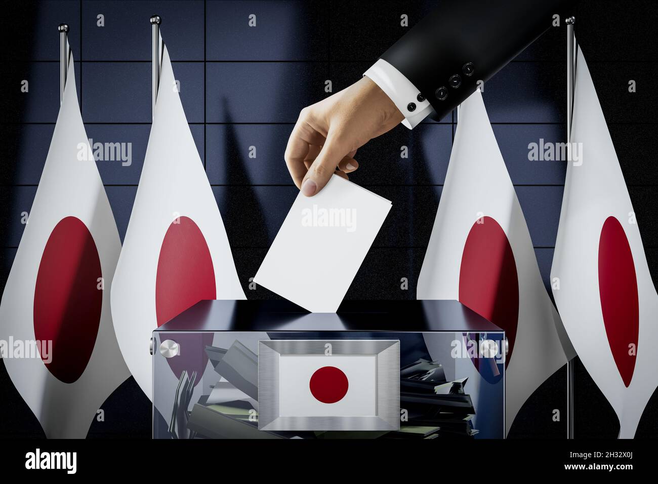 Japan flags, hand dropping ballot card into a box - voting, election ...