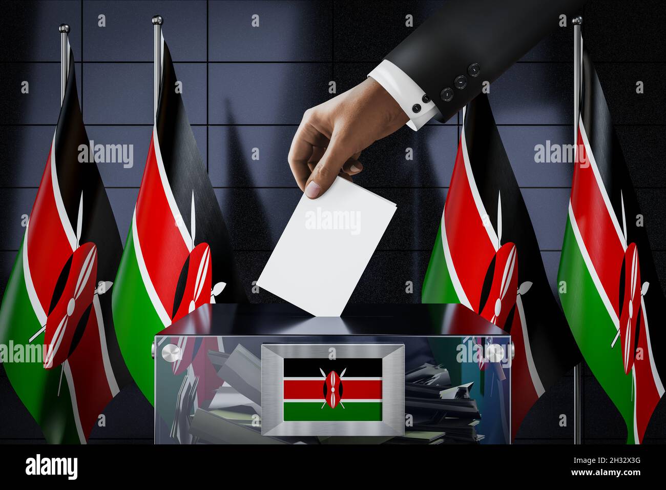 Kenya flags, hand dropping ballot card into a box - voting, election ...