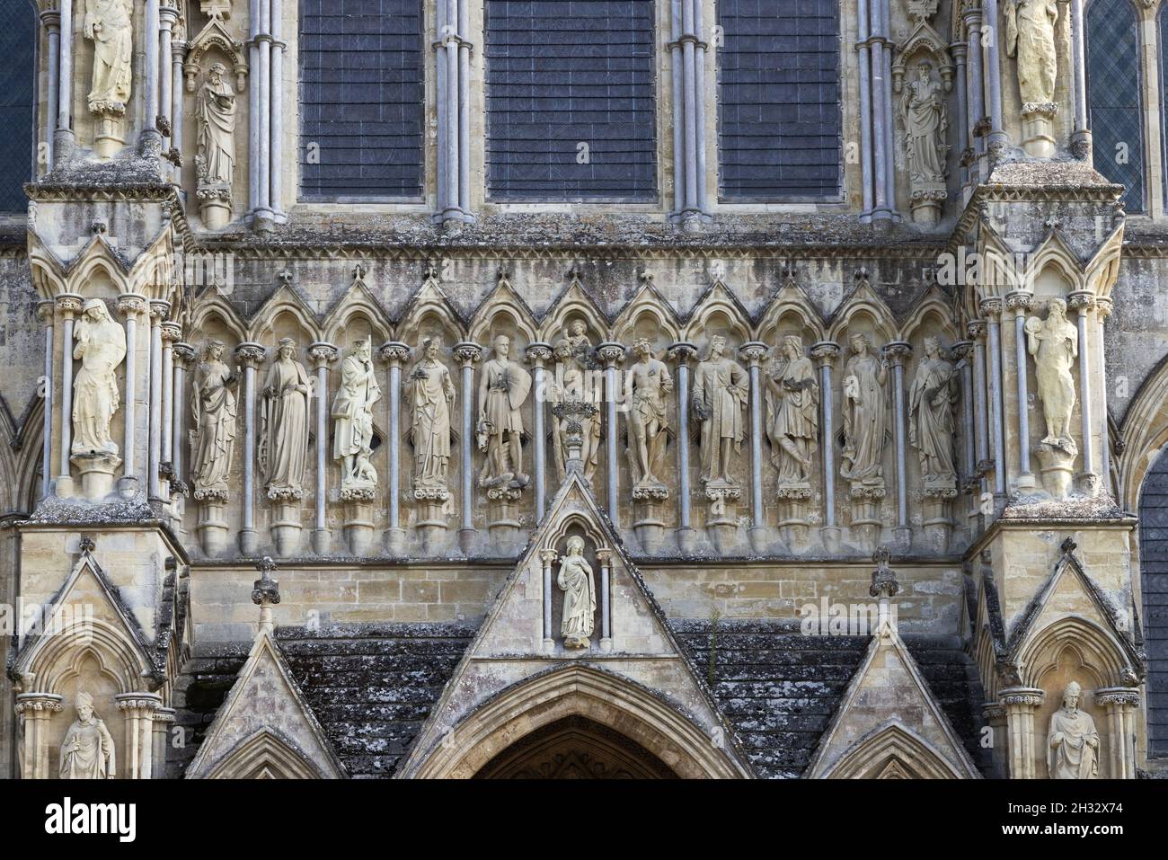 Salisbury Cathedral West facade and statues/carvings some of which are ...