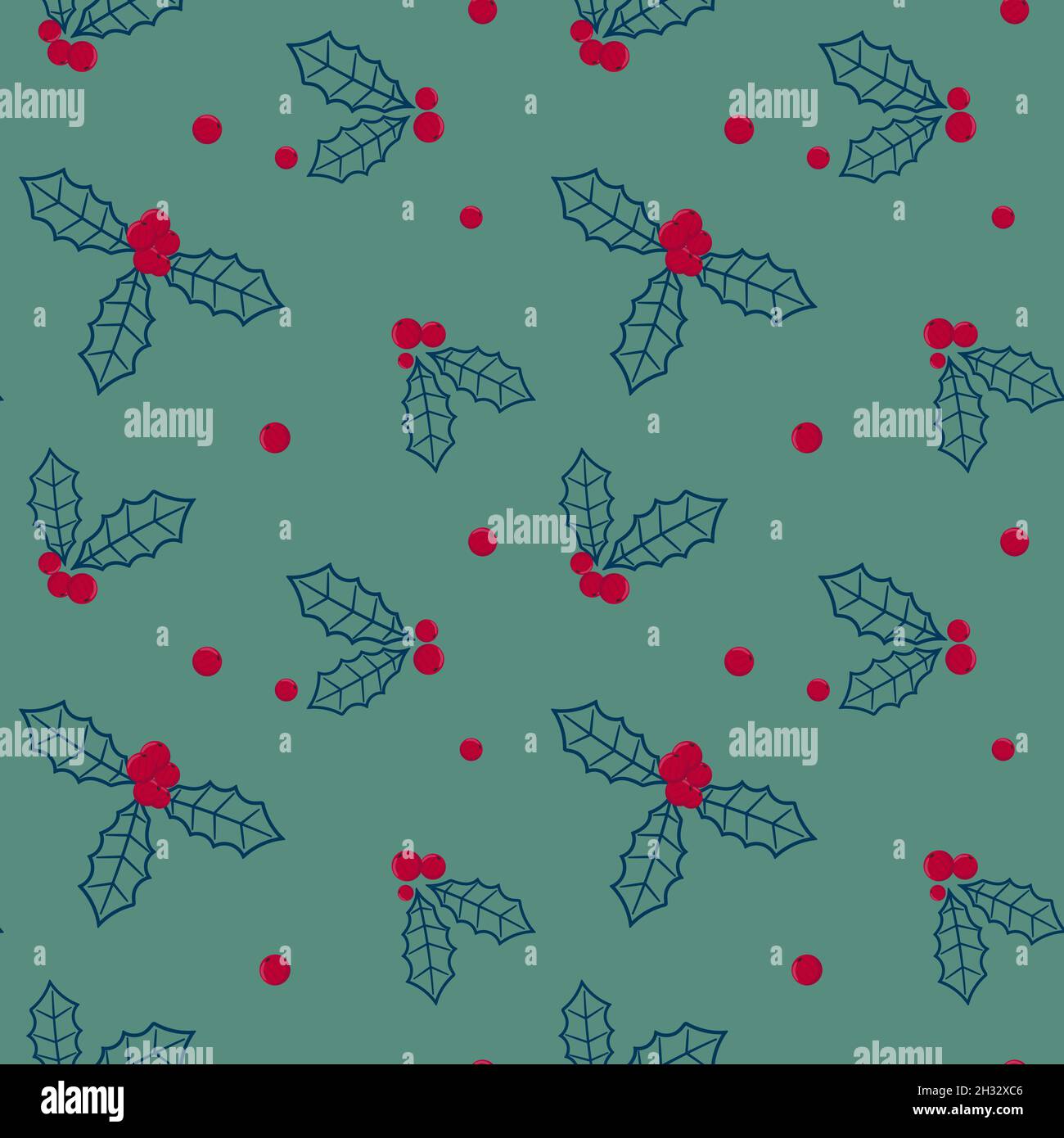 Holly with red berries on a green background seamless christmas pattern ...
