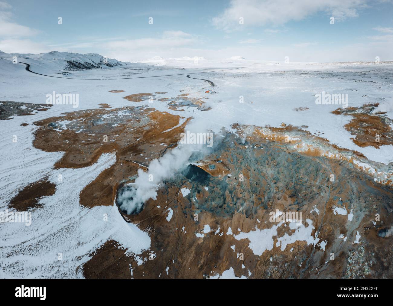 Aerial Drone view of Hverir in Winter with Snow. Icelandic Hverarond is ...