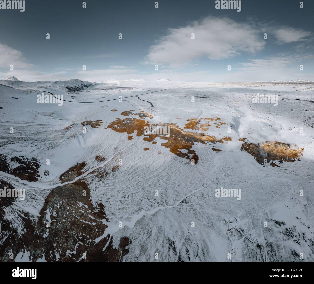Aerial Drone view of Hverir in Winter with Snow. Icelandic Hverarond is ...