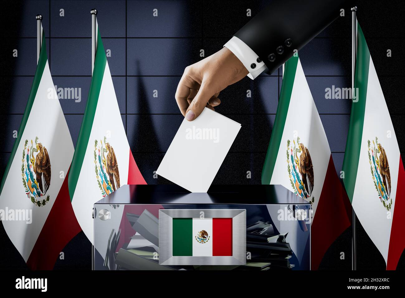 Mexico flags, hand dropping ballot card into a box - voting, election ...