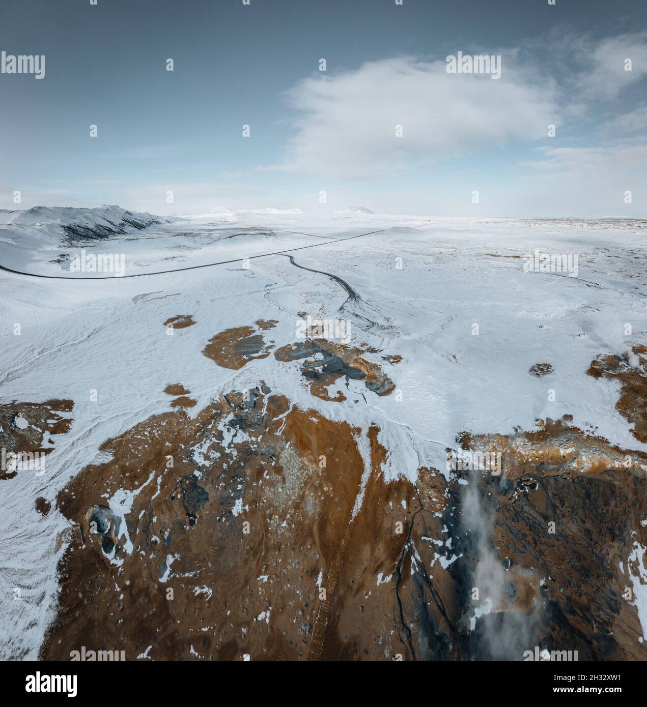 Aerial Drone view of Hverir in Winter with Snow. Icelandic Hverarond is ...
