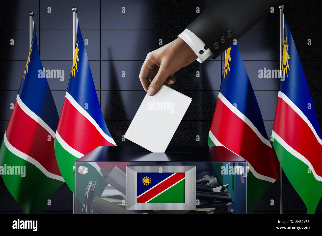 Namibia flags, hand dropping ballot card into a box - voting, election ...