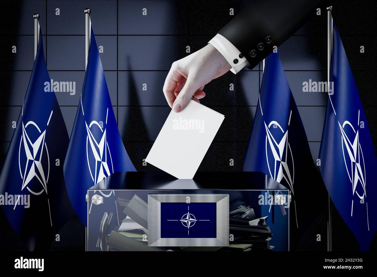 Nato flags, hand dropping ballot card into a box - voting, election ...