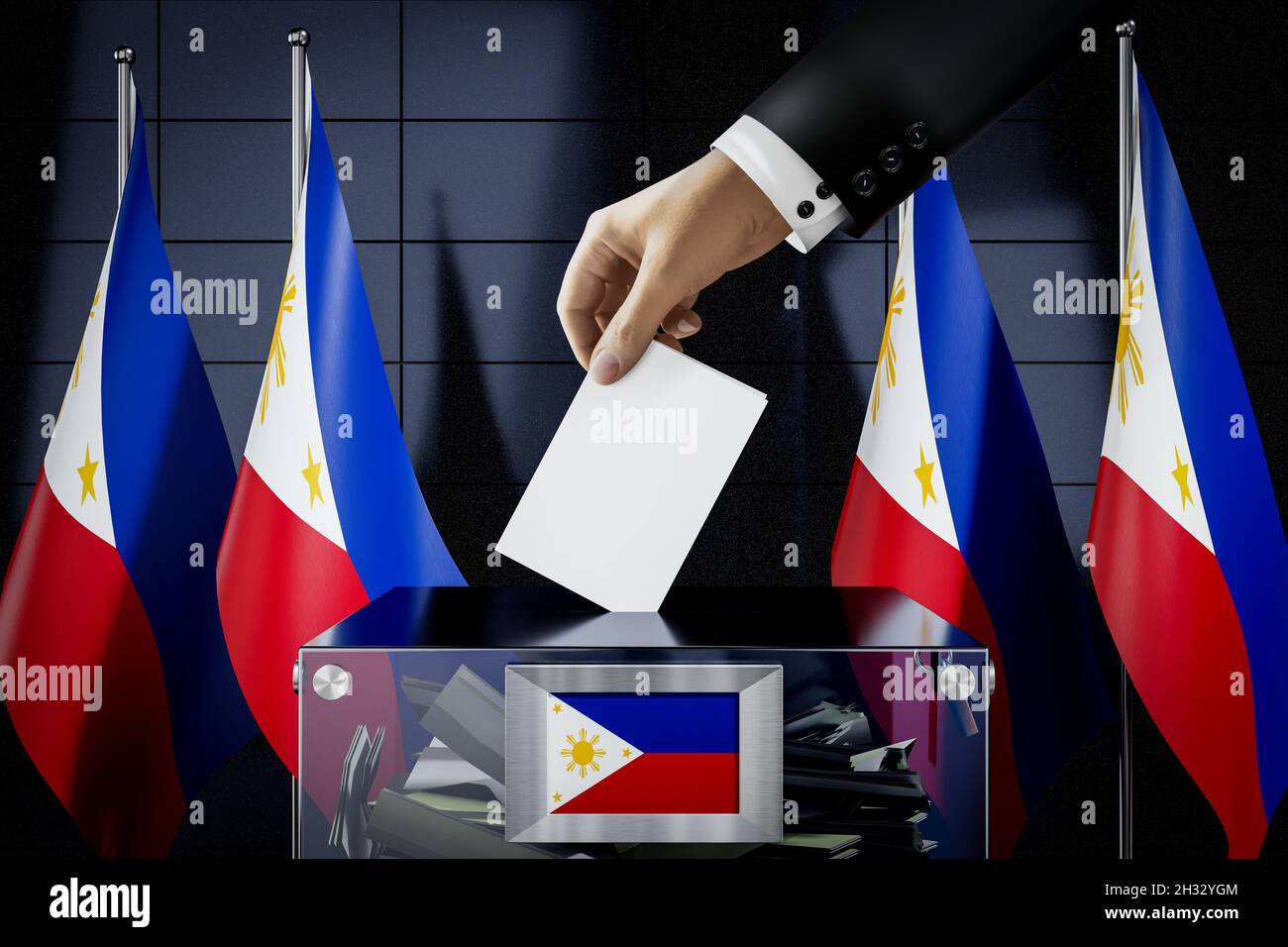 Philippines flags, hand dropping ballot card into a box - voting ...