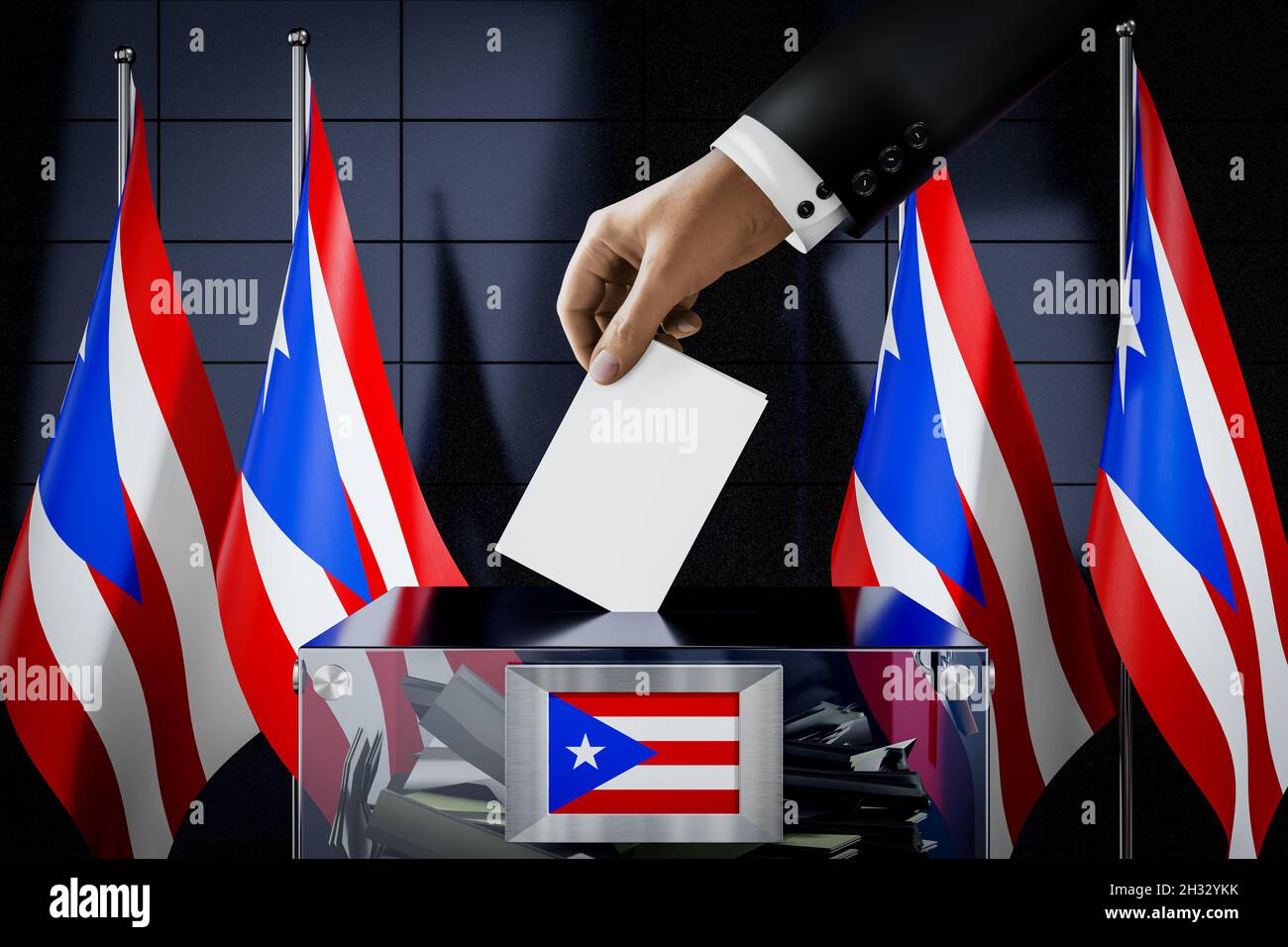 Puerto Rico flags, hand dropping ballot card into a box - voting ...