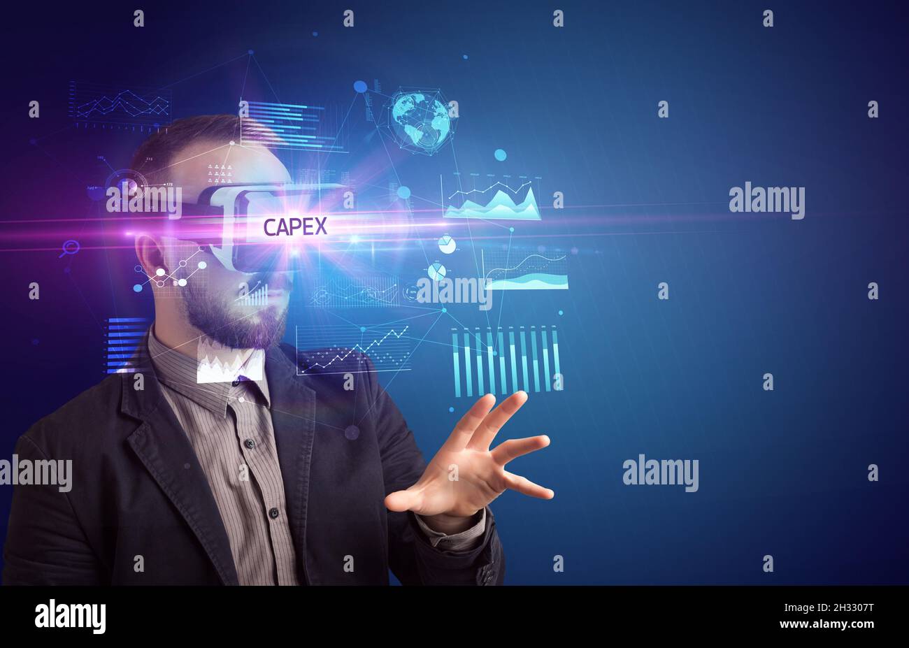 Businessman looking through Virtual Reality glasses Stock Photo - Alamy