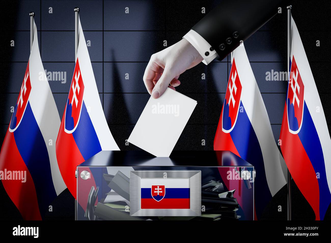 Slovakia flags, hand dropping ballot card into a box - voting, election ...