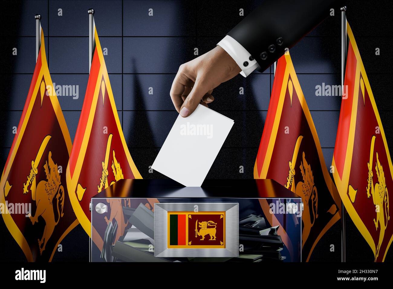 Sri Lanka flags, hand dropping ballot card into a box - voting ...
