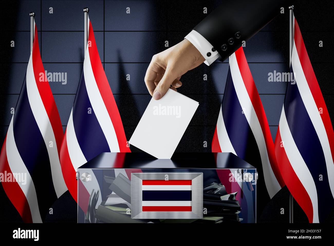 Thailand flags, hand dropping ballot card into a box - voting, election ...