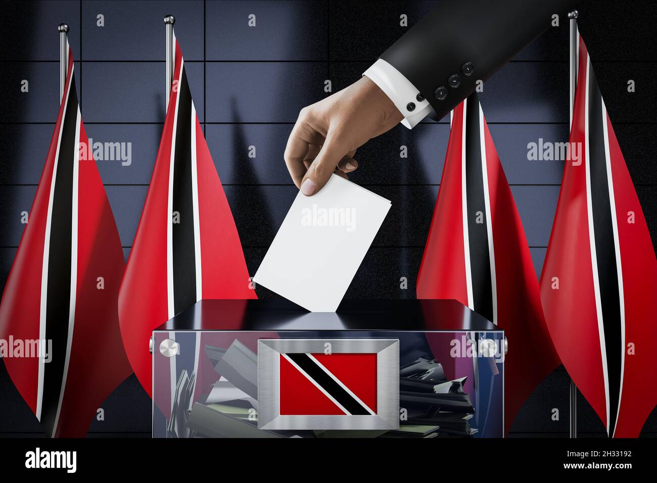 Trinidad and Tobago flags, hand dropping ballot card into a box ...