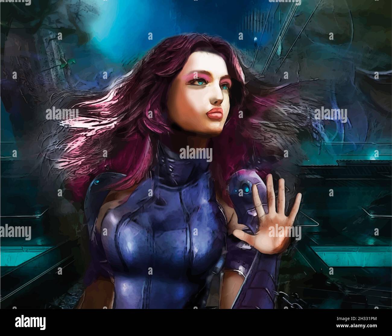 A girl from the future holds out her hand, fantasy illustration ...