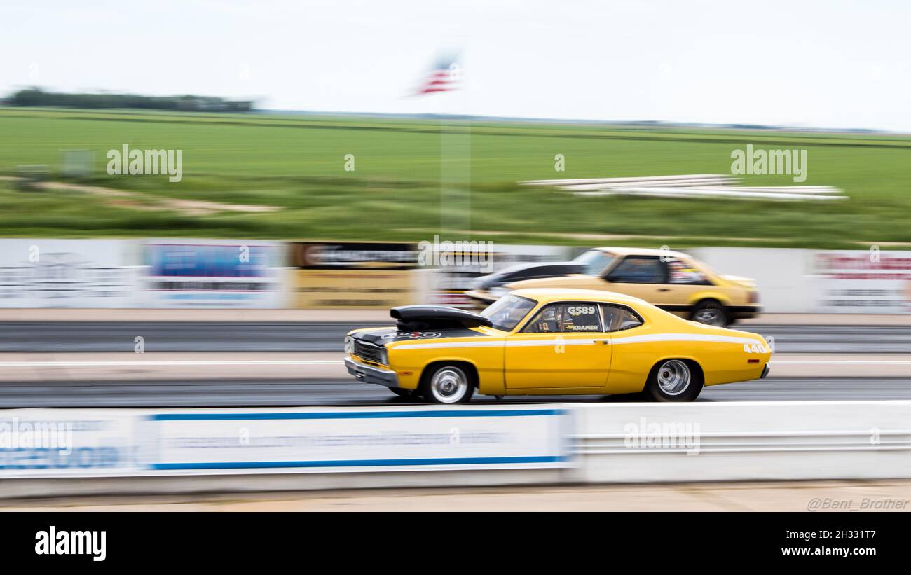 Side view of two sports cars during a drag racing in Kearney, NE Stock ...