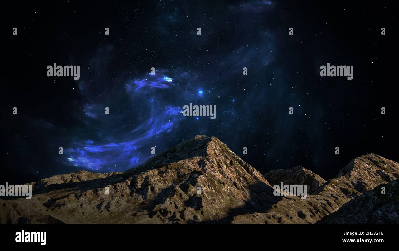 Mountain landscape fantastic cosmos galaxies stars planets and nebulae ...