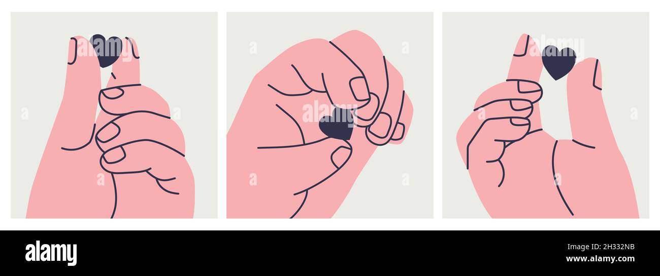 Set of illustrations of a giant human hand holding a heart with two ...