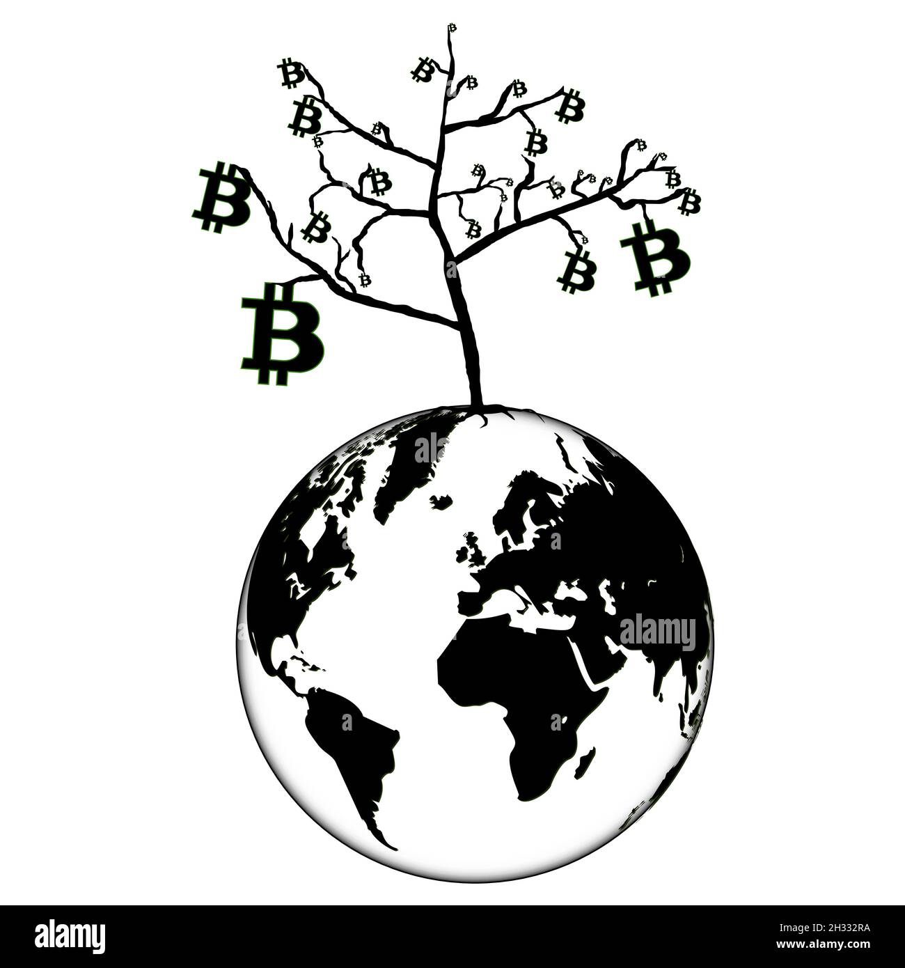 Bitcoin growth concept in world with planet Earth and tree with ...