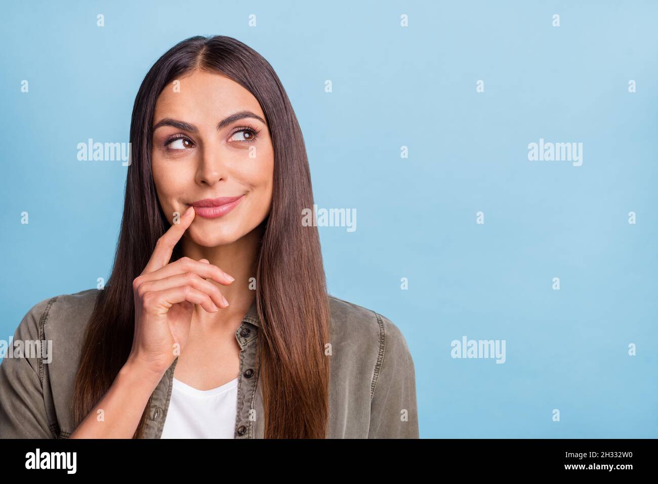 Photo portrait smiling woman looking copyspace thoughtful isolated ...