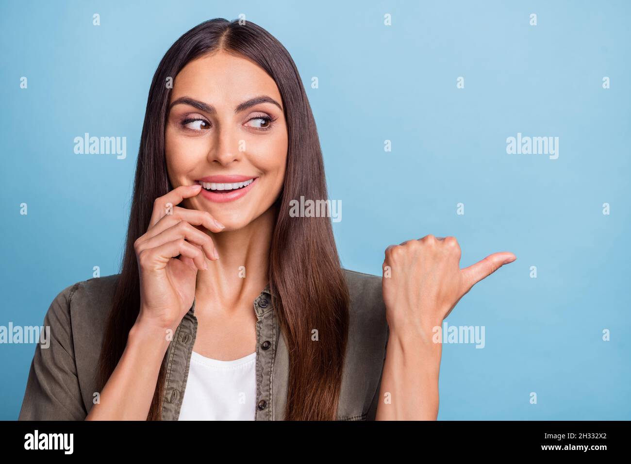 Photo Of Lovely Millennial Brunette Lady Point Empty Space Wear Khaki
