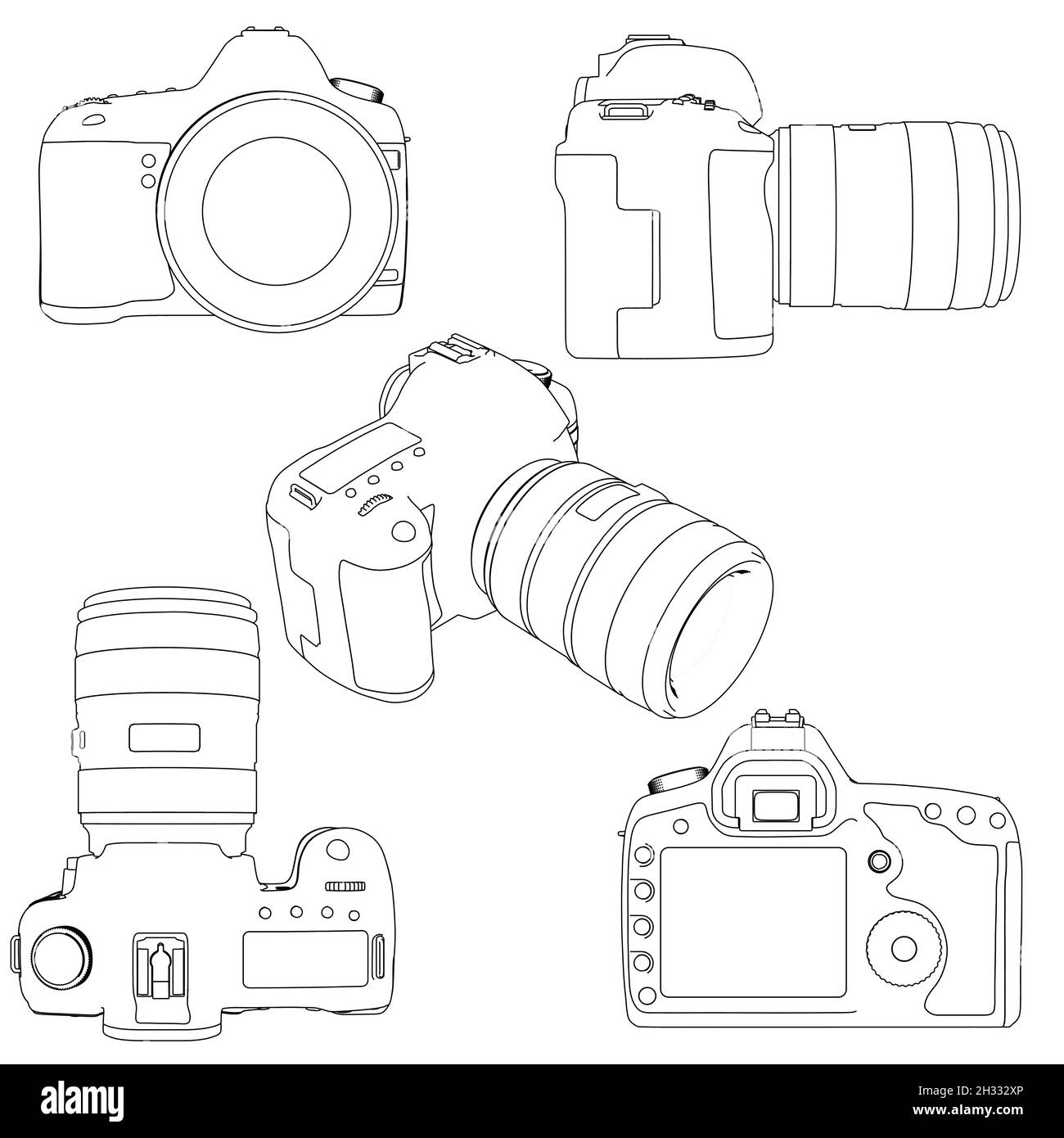 Set with contours of a digital camera with a lens from black lines ...