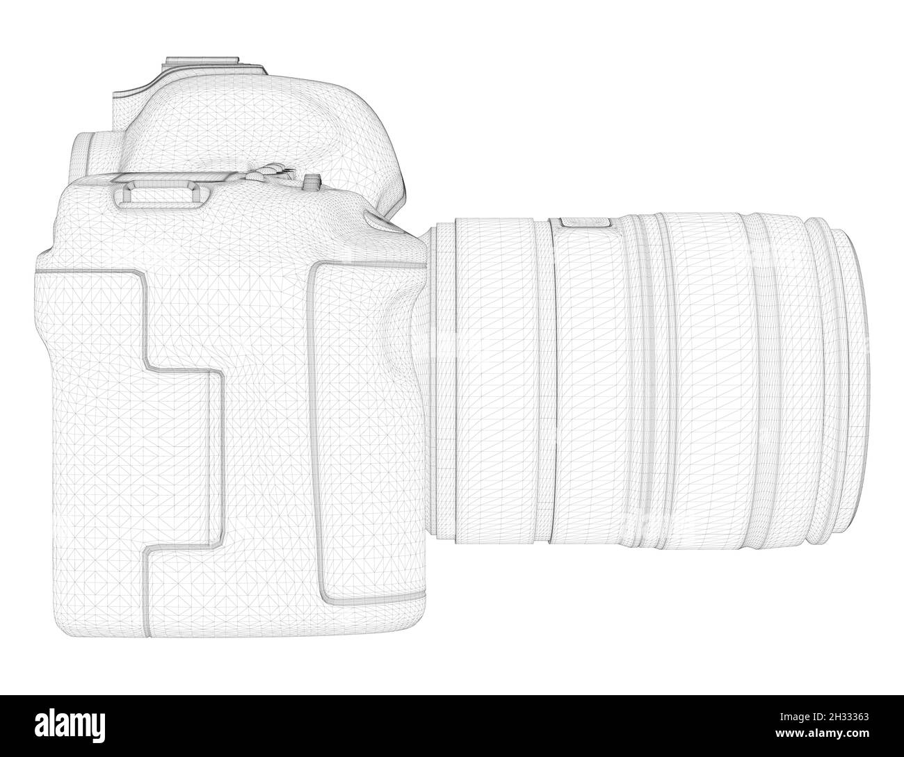 Digital camera wireframe with black lines lens isolated on white ...