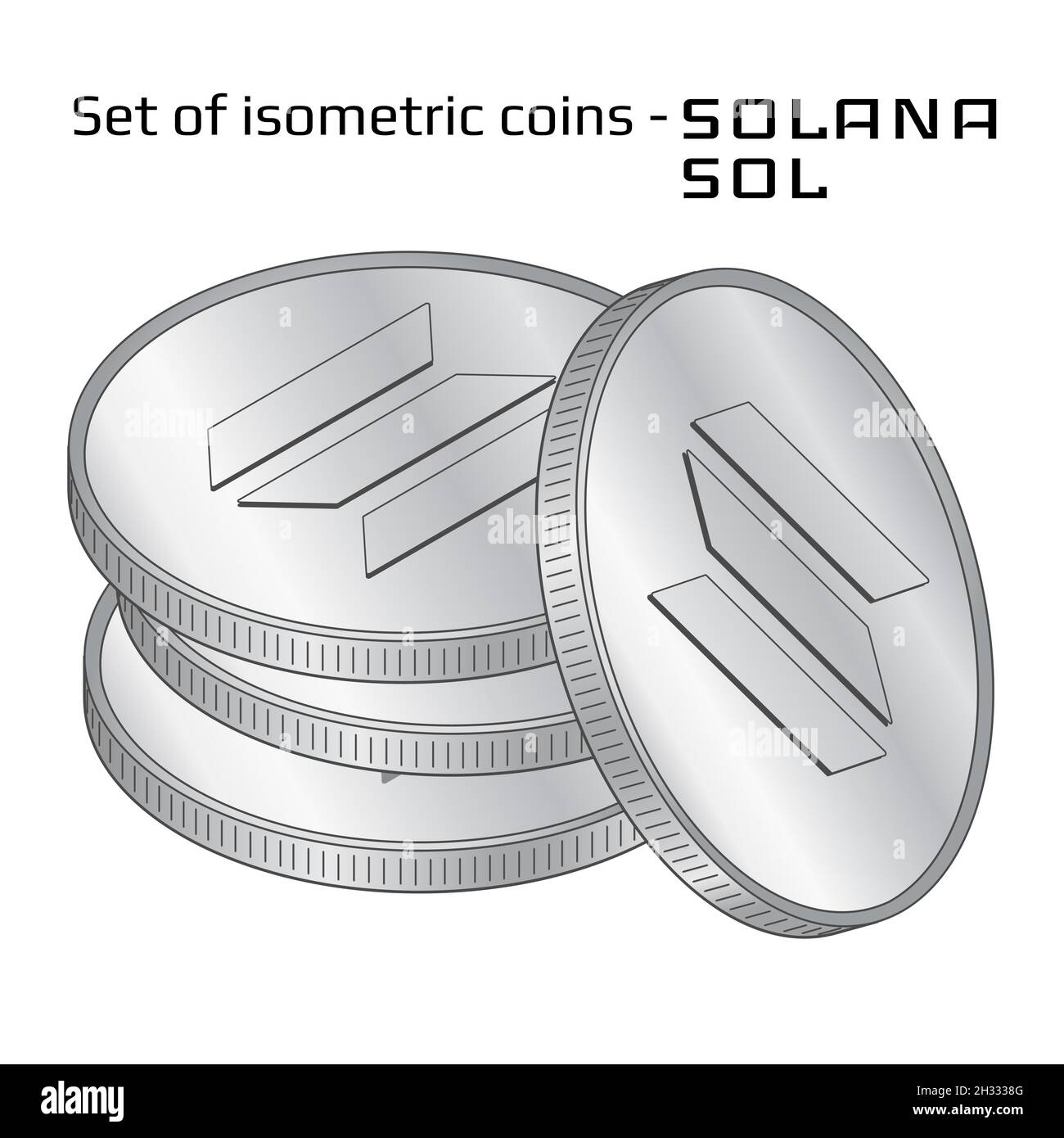 Set of coins in stack Solana SOL in isometric view in black and white ...