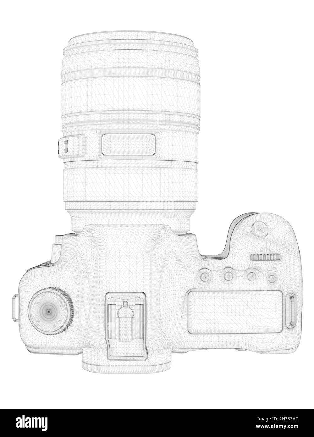 Digital camera wireframe with black lines lens isolated on white ...