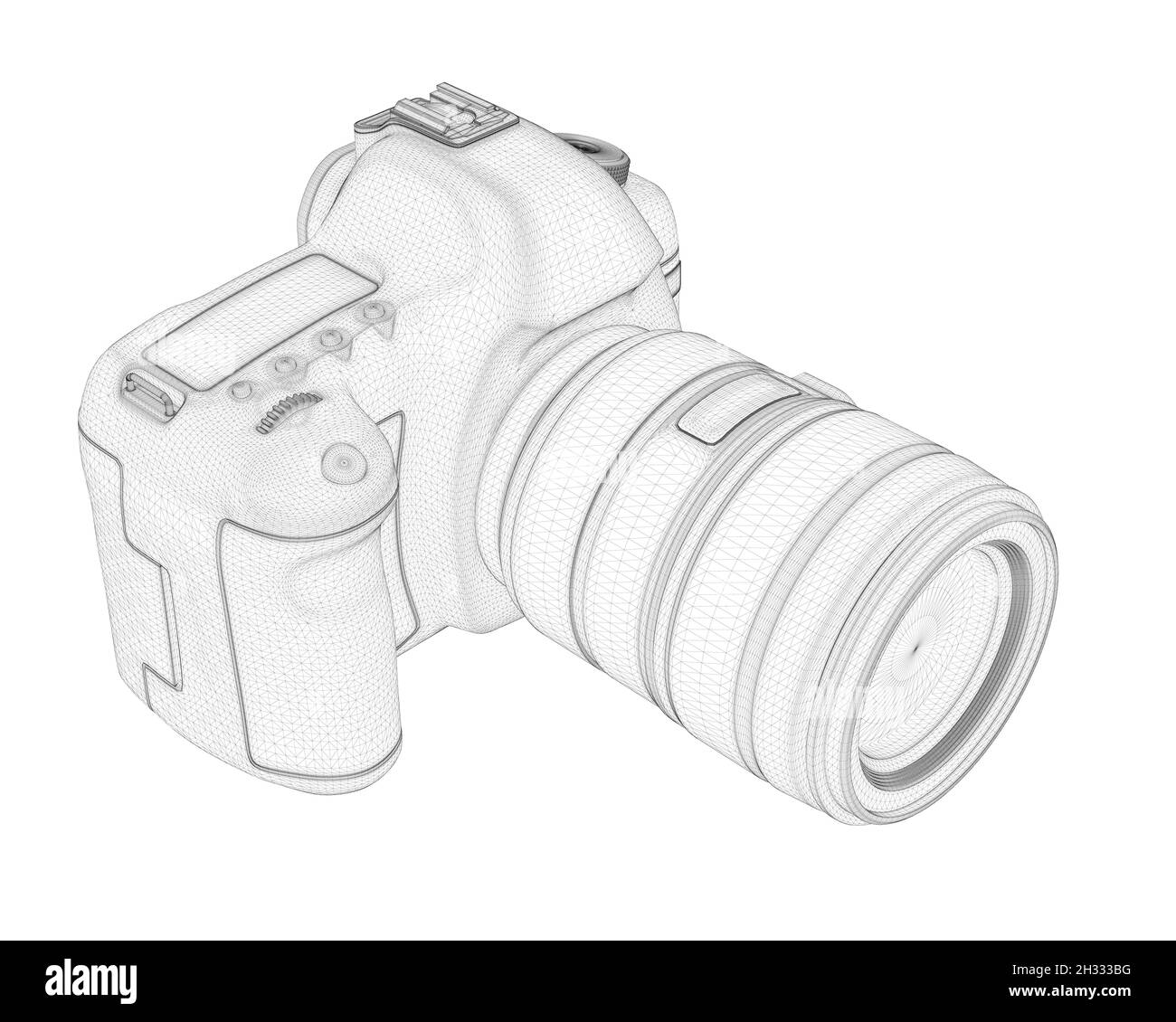 Digital Camera Wireframe With Black Lines Lens Isolated On White Background Isometric View 3d