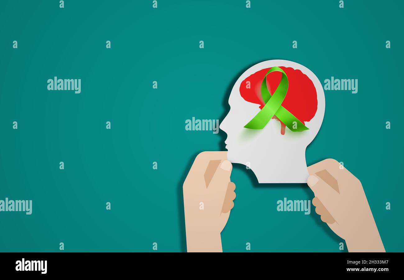 Human Brain With Green awareness Ribbon. Mental health and brain care ...