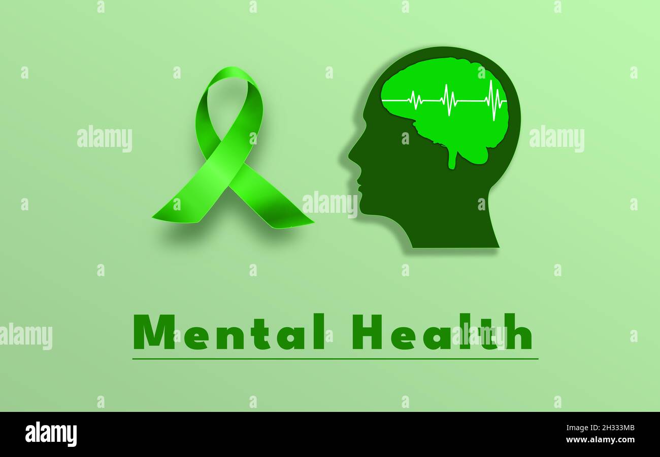 Mental health concept. Man Head With green Brain sign and Awareness ...