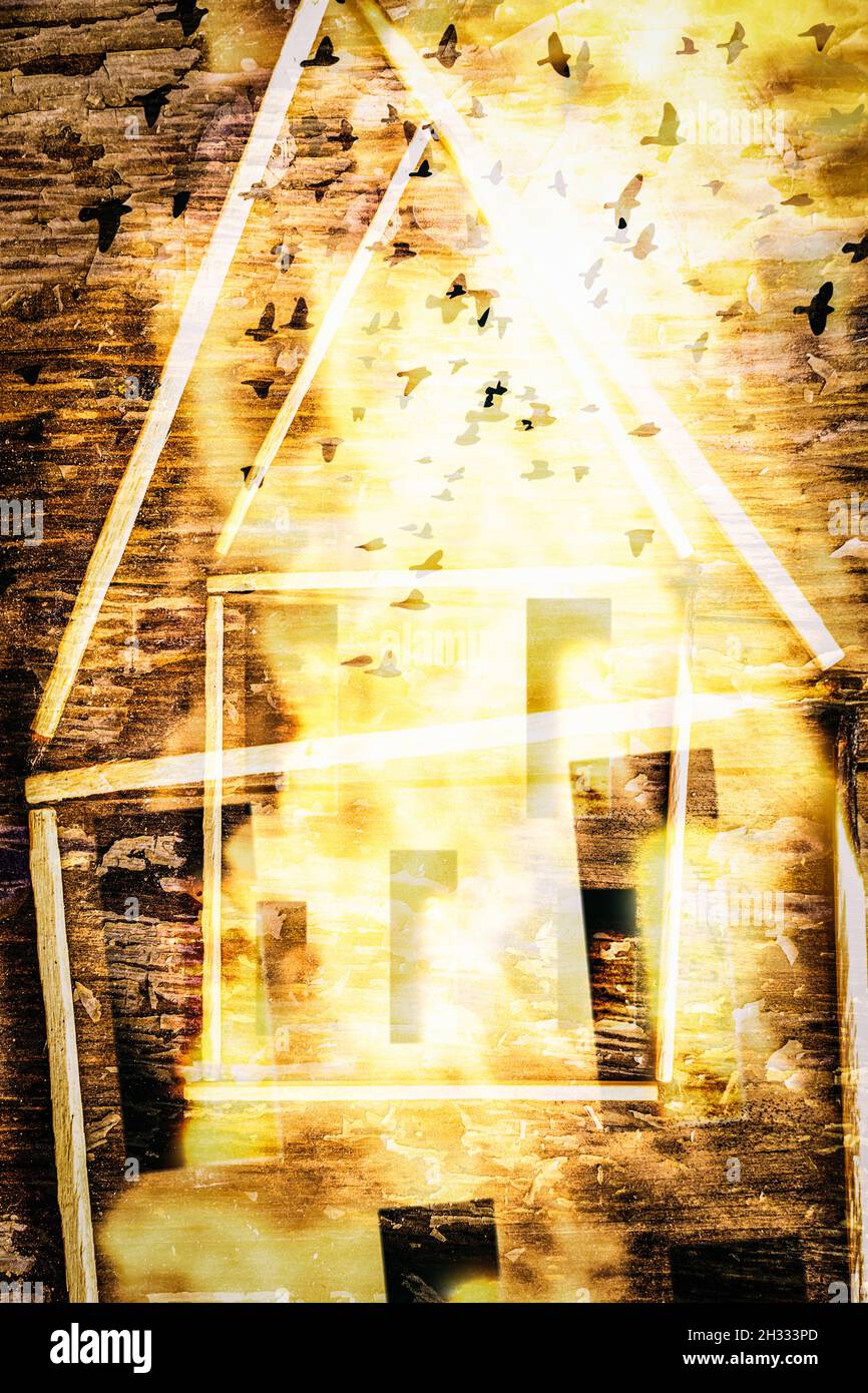 Double exposure of matchstick House on fire with windows and door and ...