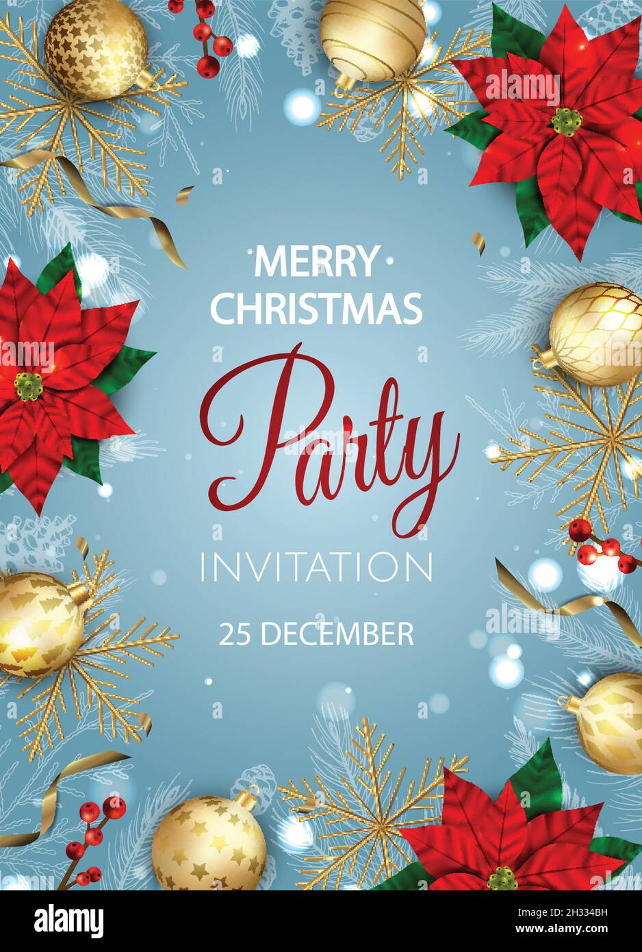 Christmas party invitation with balls and gold snowflakes Stock Vector ...