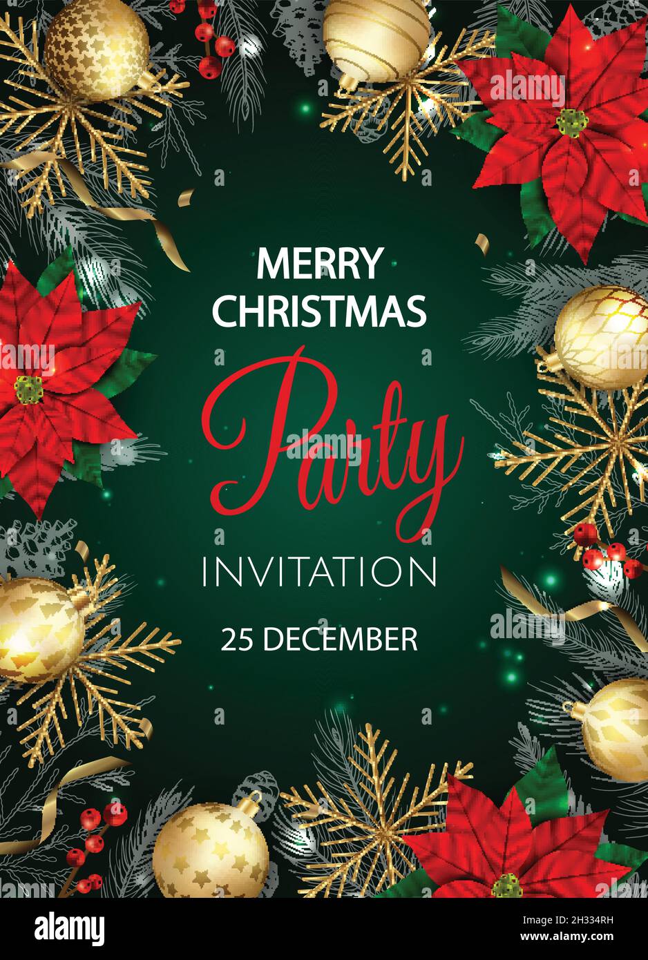 Christmas party invitation with balls and gold snowflakes Stock Vector ...