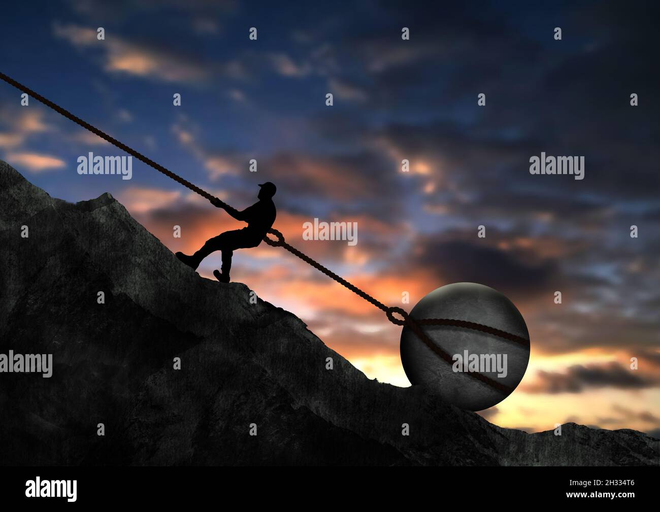 Man Pull Uphill A Big Rock With Chain In Front Of Sunset . Person male ...