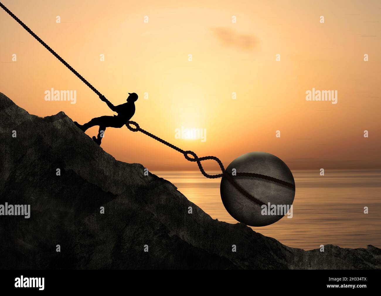 Man Pull Uphill A Big Rock With Chain In Front Of Sunset . Person male ...