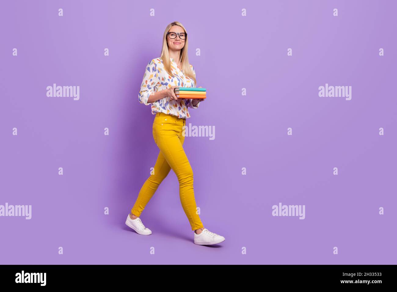 Photo of sweet charming young woman wear print shirt spectacles smiling ...