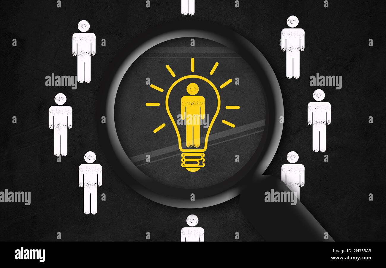 Man Inside glowing Light Bulb standing Out from the Crowd. talent and ...