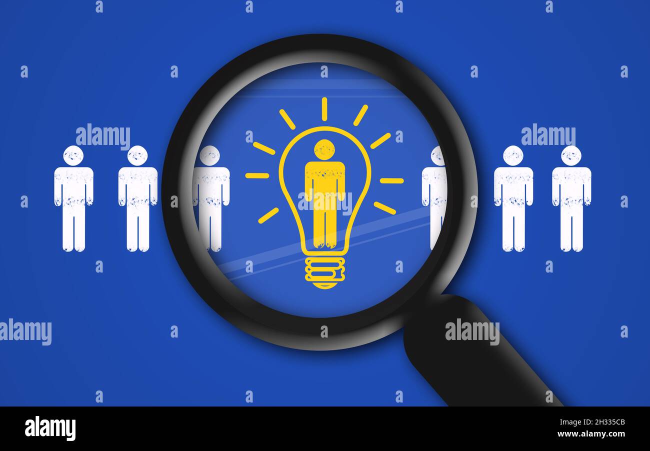 Man Inside glowing Light Bulb standing Out from the Crowd. talent and ...