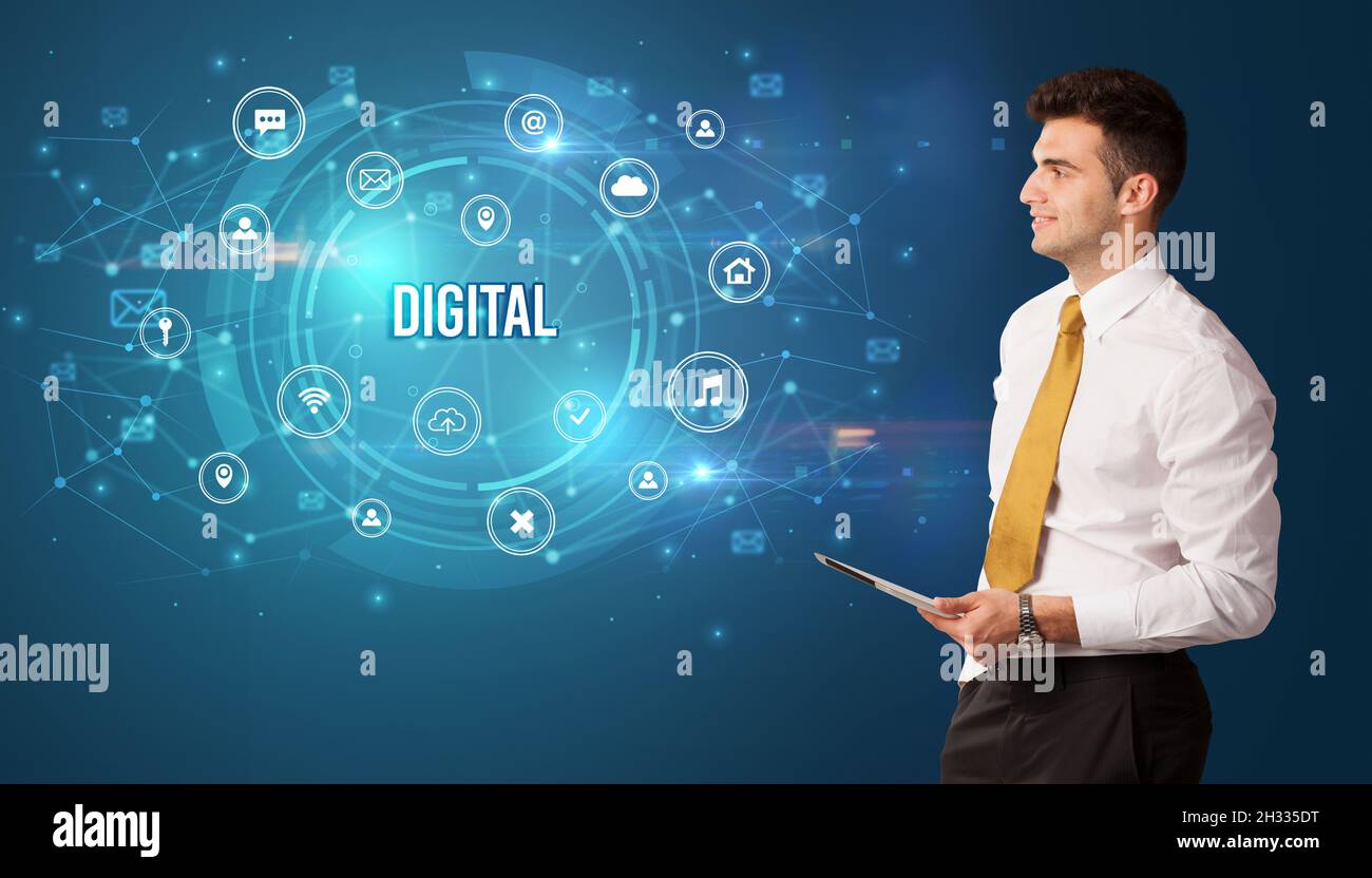 Businessman thinking about modern technology Stock Photo - Alamy