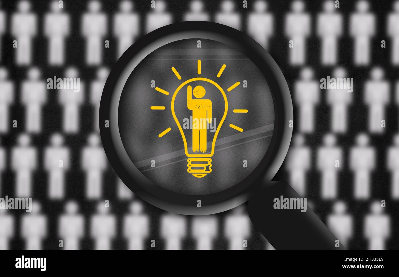 Man Inside glowing Light Bulb standing Out from the Crowd. talent and ...